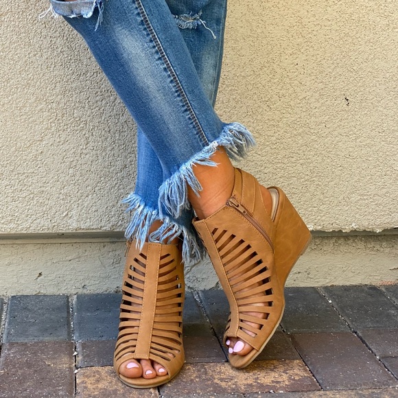 Boutique | Shoes | Honey Tan Cut Out Caged Peep Toe Wedge Sandals ...